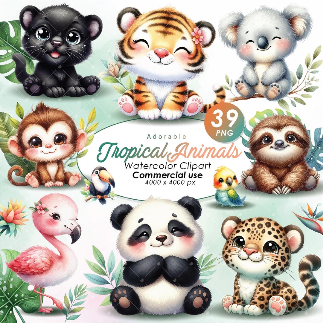 Adorable Cute Tropical Animals Clipart, Watercolor Cute Tropical ...