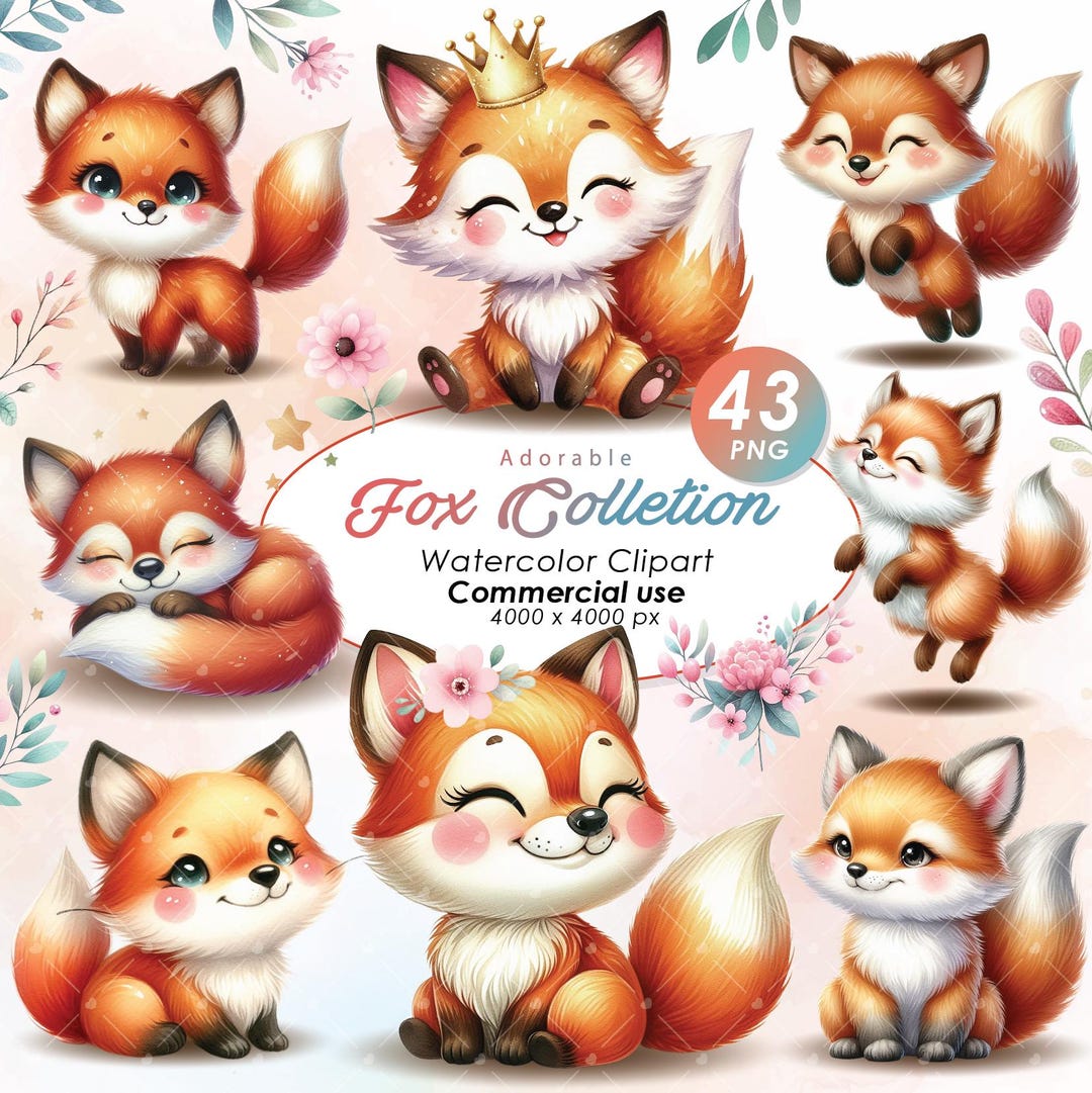 Adorable Fox Collection Clipart, Watercolor Cute Fox Illustration ...