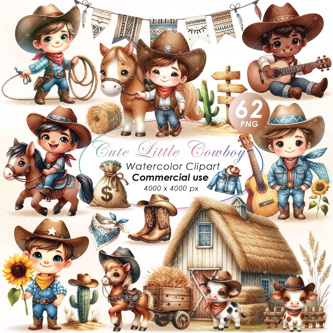 Adorable Little Cowboy Clipart, Watercolor Little Cowboy Illustration ...
