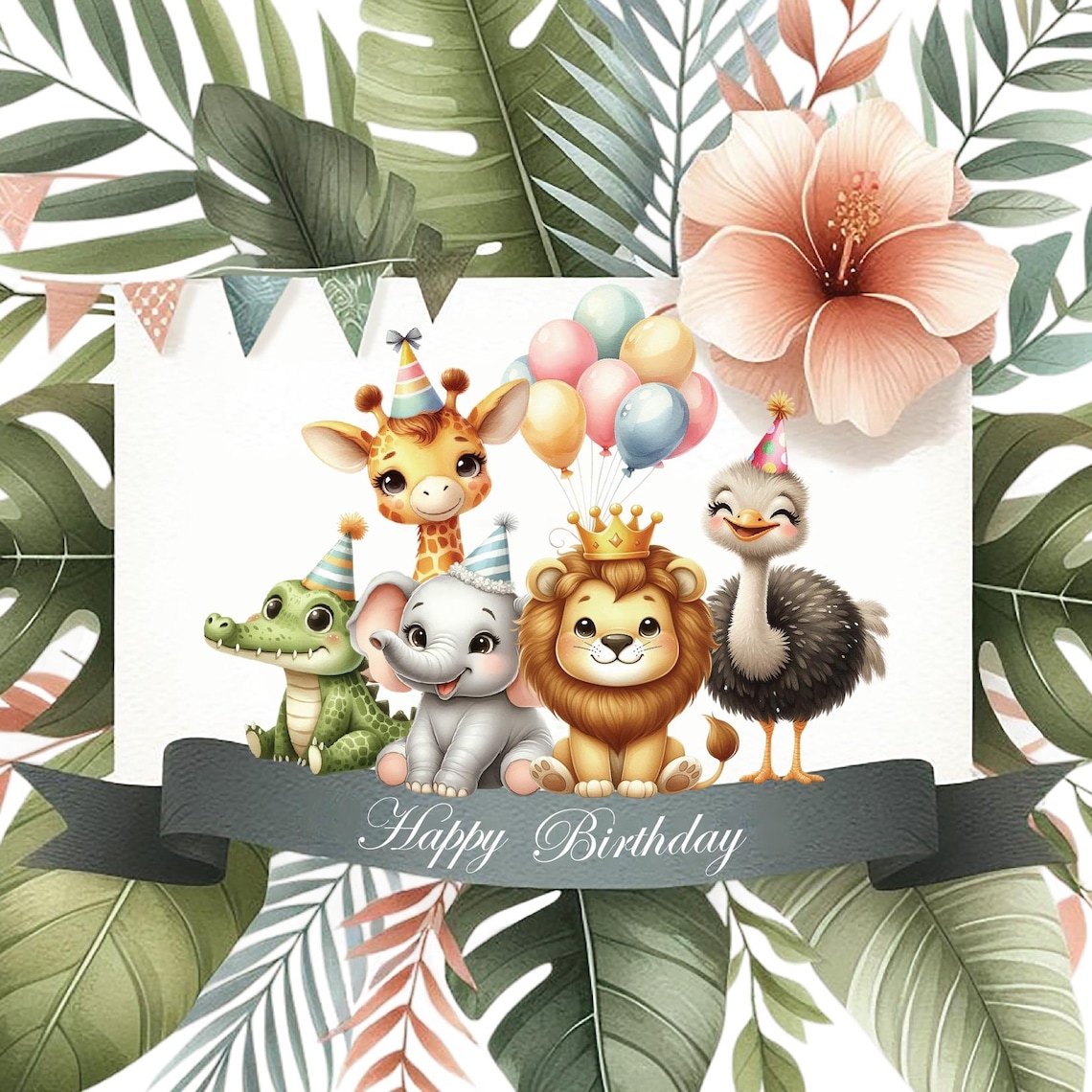 Adorable Birthday Safari Animal Clipart, Watercolor Birthday Safari ...