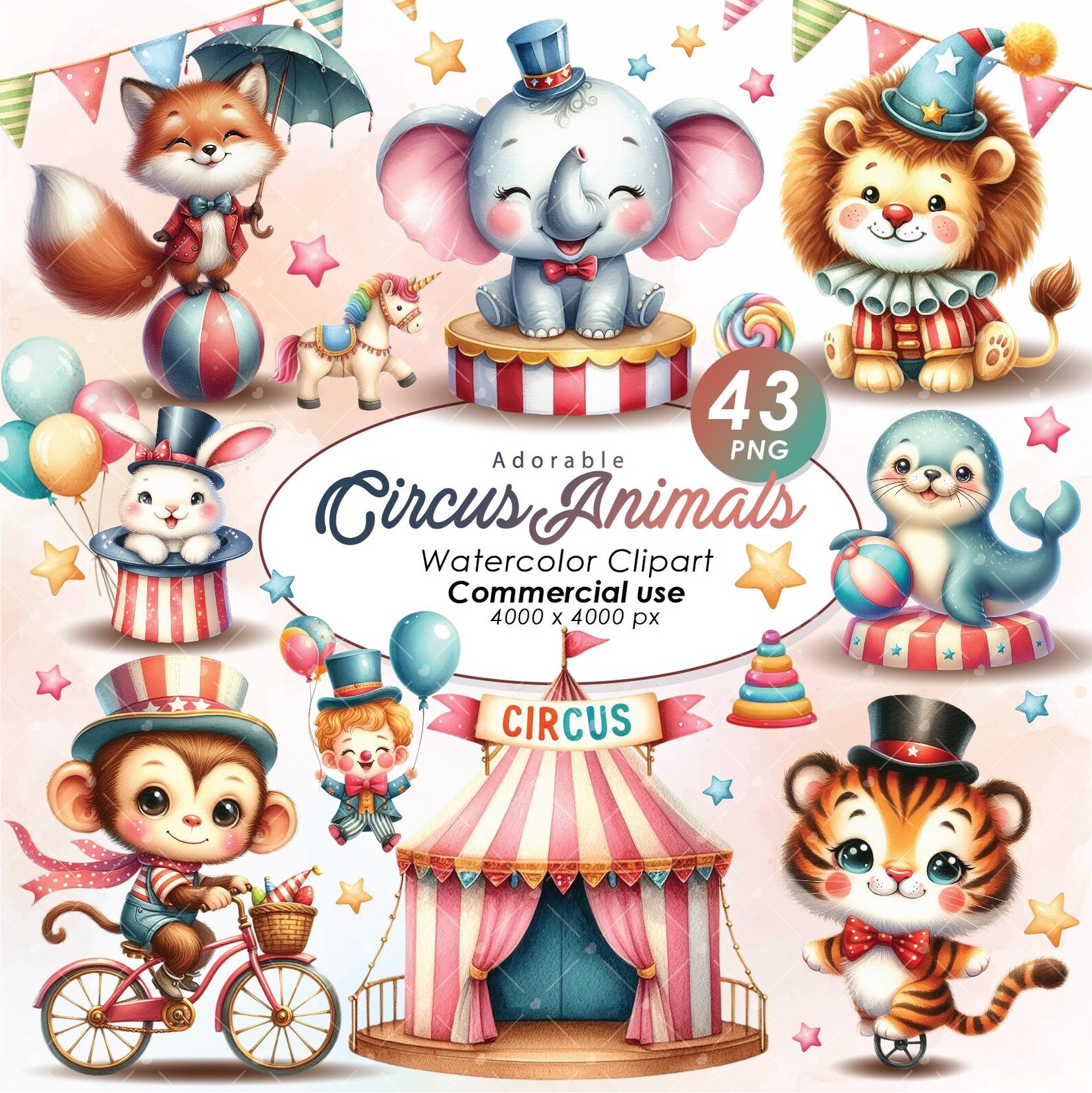 Adorable Cute Circus Animals Clipart, Watercolor Cute Circus Animals ...