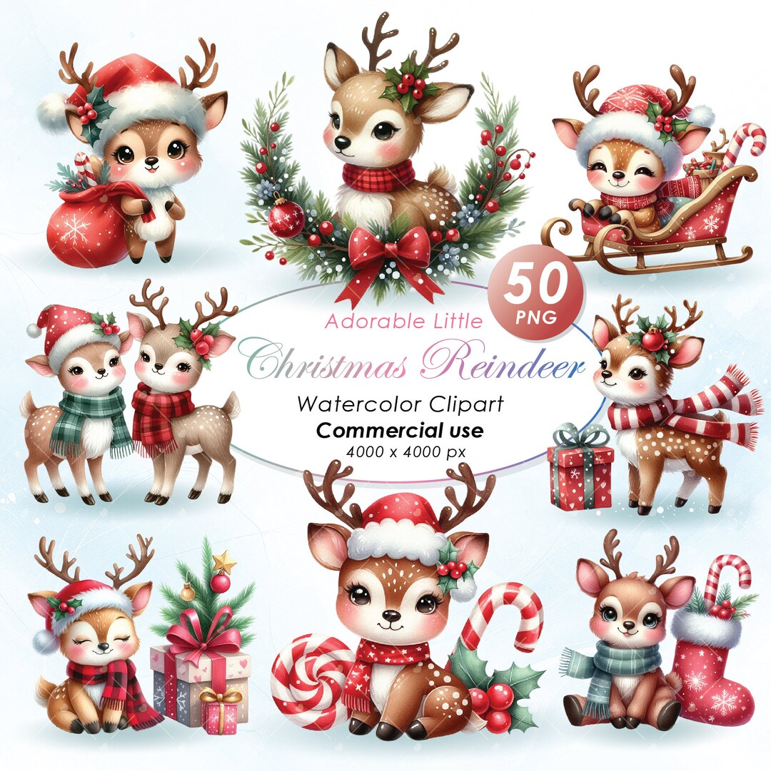 Adorable Reindeer Christmas Clipart, Watercolor Reindeer Christmas ...