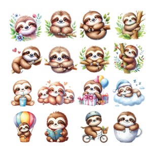 Adorable Sloth Collection Clipart, Watercolor Cute Sloth Illustration ...