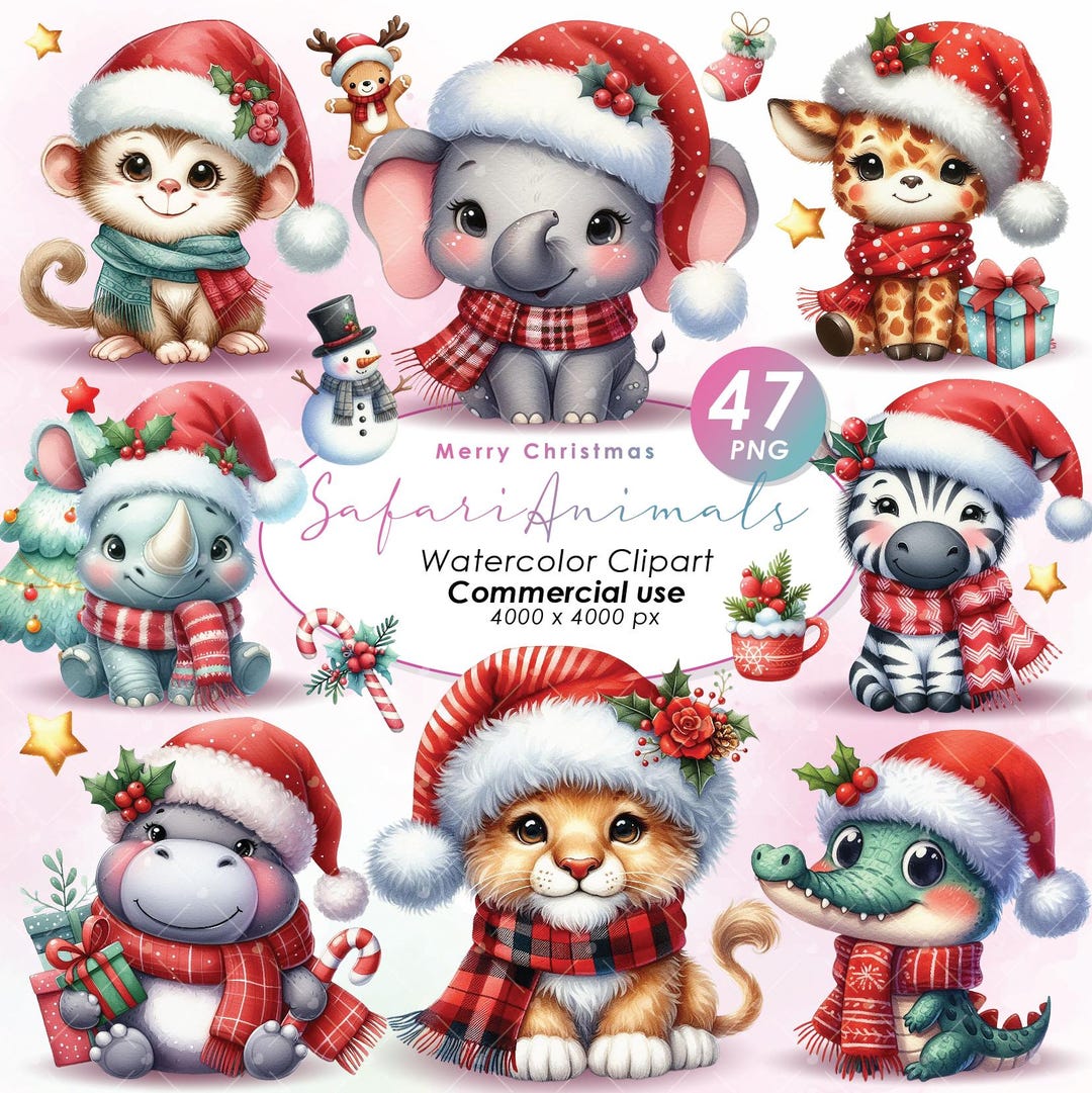 Adorable Safari Animals Christmas Clipart, Watercolor Safari Animals ...