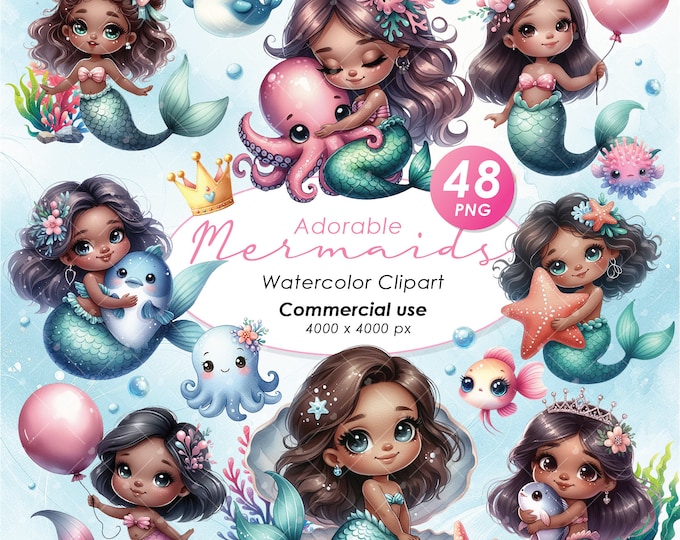 Cute Mermaid and Friends Clipart With Watercolor Digital Clipart Set ...