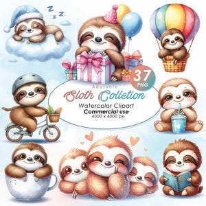 Adorable Sloth Collection Clipart, Watercolor Cute Sloth Illustration ...