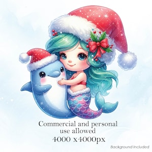Adorable Mermaid Christmas Clipart, Watercolor Mermaid Christmas ...