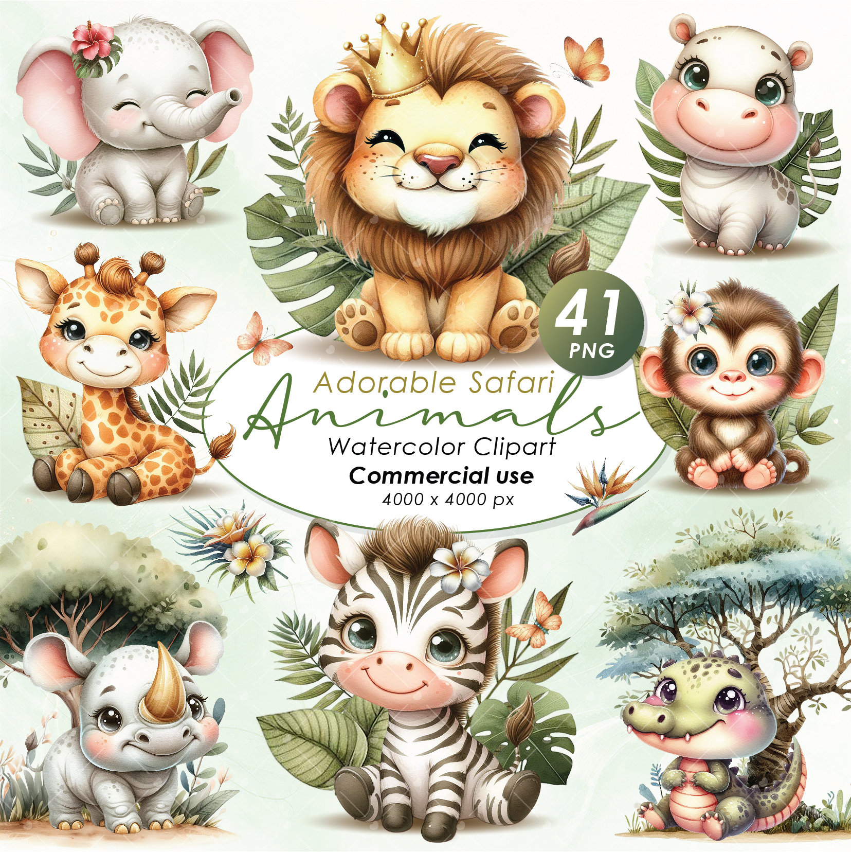 Adorable Little Safari Animals Clipart, Watercolor Safari Animals ...