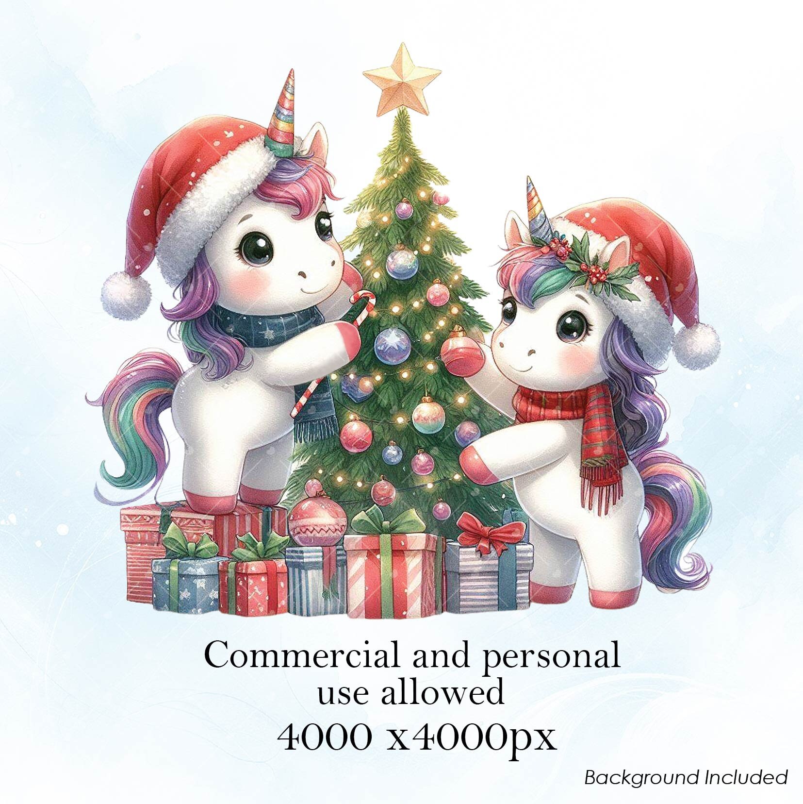 Adorable Unicorn Christmas Clipart, Watercolor Unicorn Christmas ...
