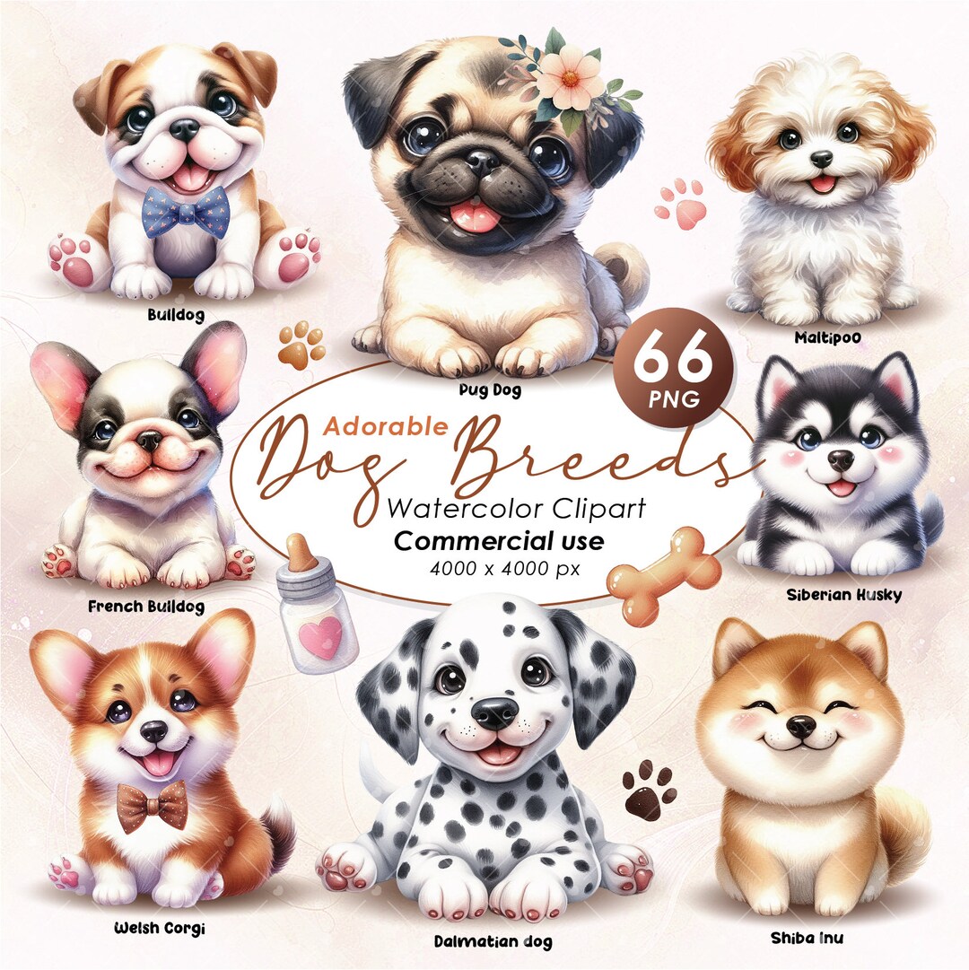 Adorable Dog Breeds Clipart, Watercolor Dog Breeds Illustration Clipart ...