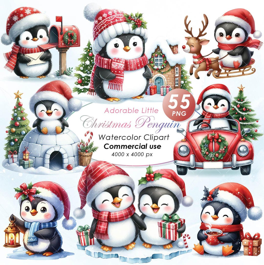 Adorable Penguin Christmas Clipart, Watercolor Penguin Christmas ...