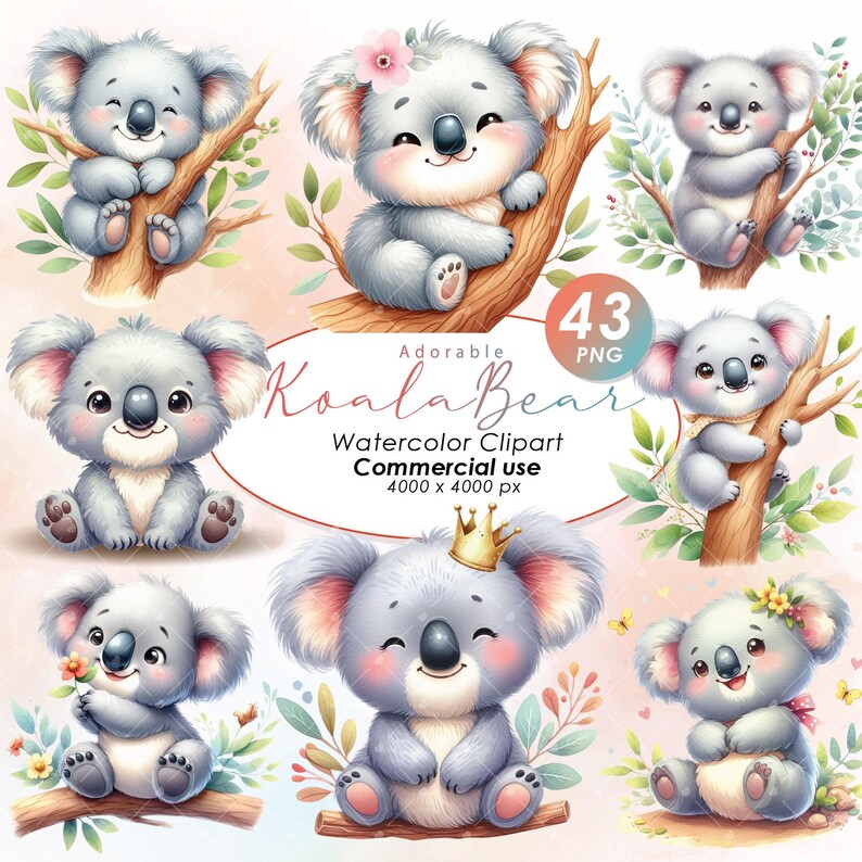 Adorable Koala Bear Clipart, Watercolor Cute Koala Bear Illustration ...