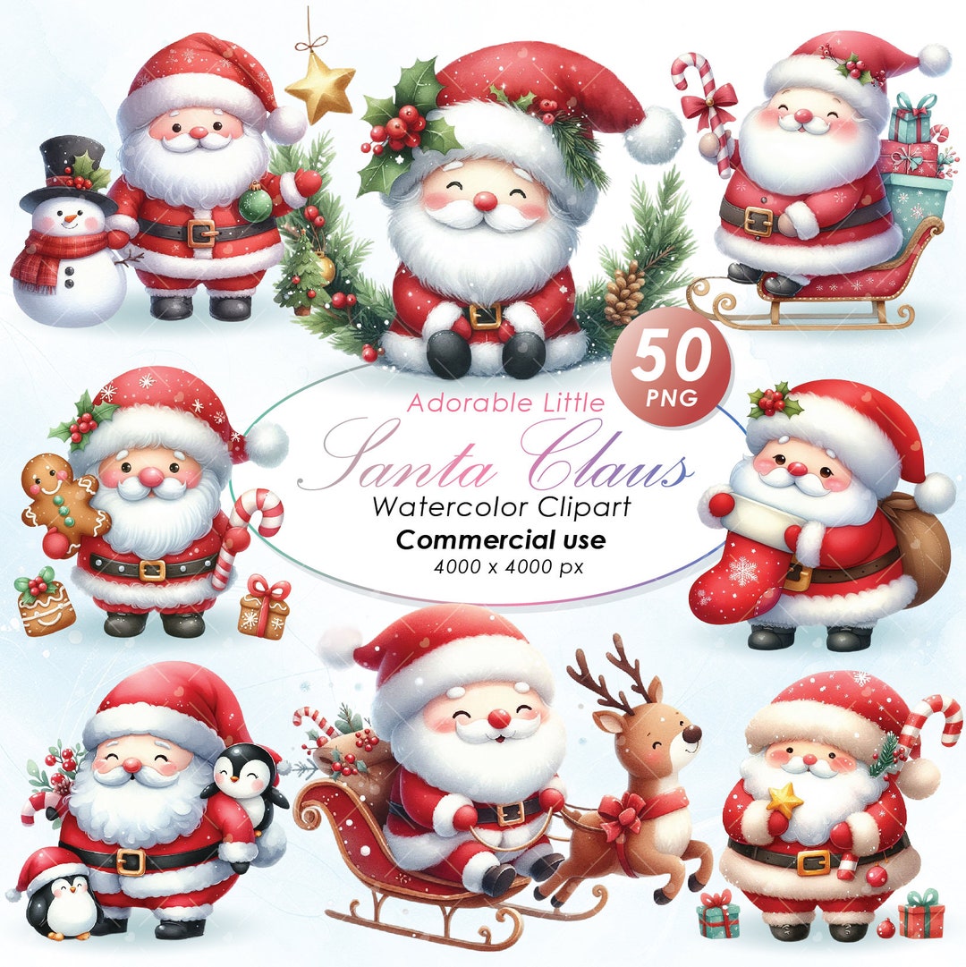 Adorable Santa Claus Christmas Clipart, Watercolor Santa Claus ...