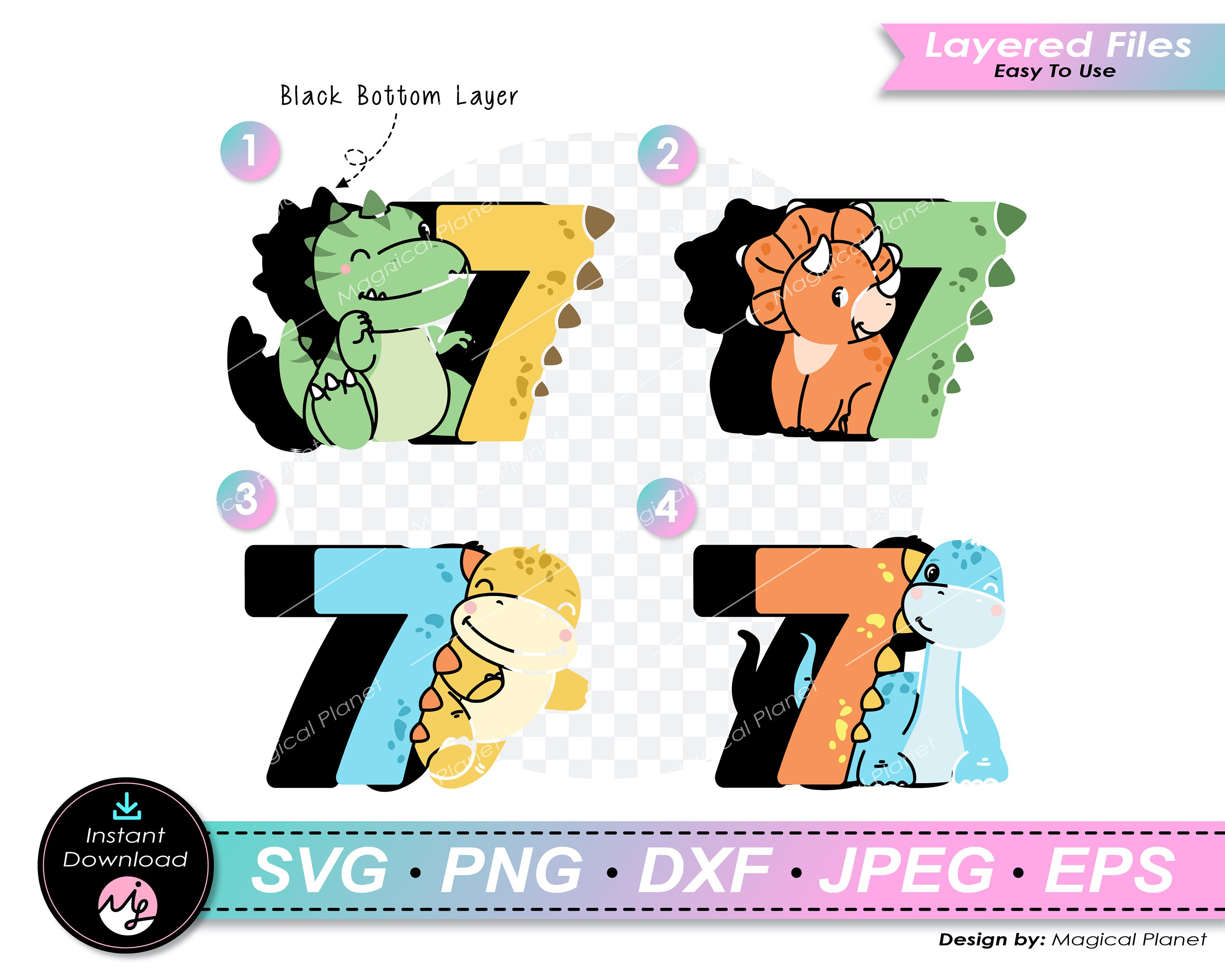Cute Number 7 Dinosaurs SVG Layered Cut File Cute Birthday Decaration ...