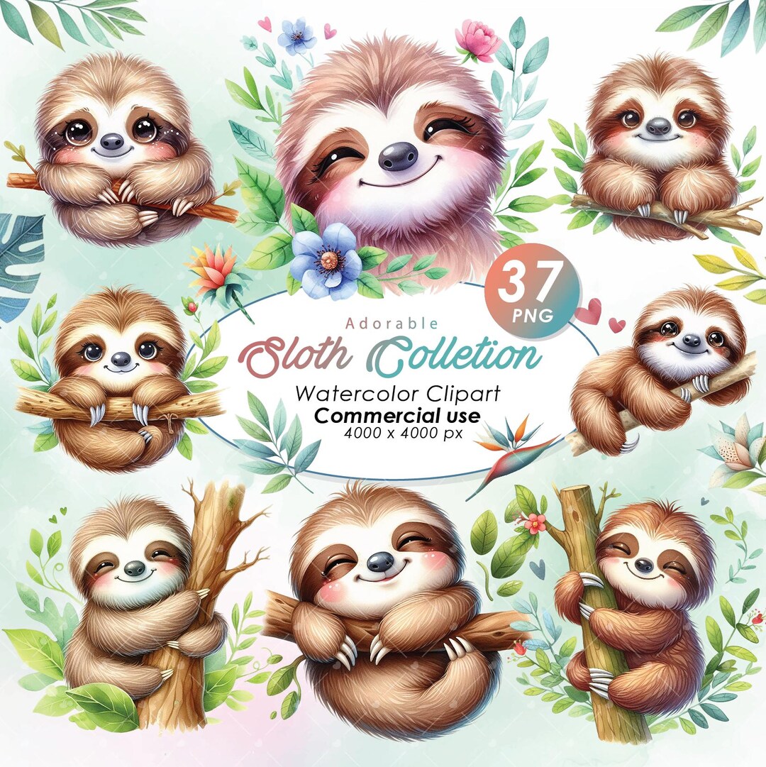 Adorable Sloth Collection Clipart, Watercolor Cute Sloth Illustration ...