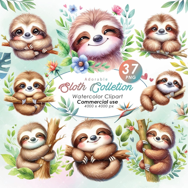 Adorable Sloth Collection Clipart, Watercolor Cute Sloth Illustration ...