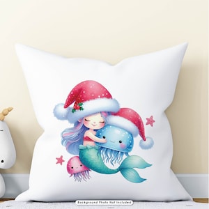 Adorable Mermaid Christmas Clipart, Watercolor Mermaid Christmas ...