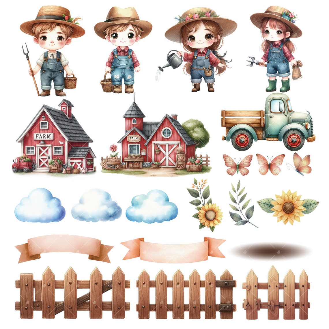 Adorable Little Farm Animals Clipart, Watercolor Farm Animals ...