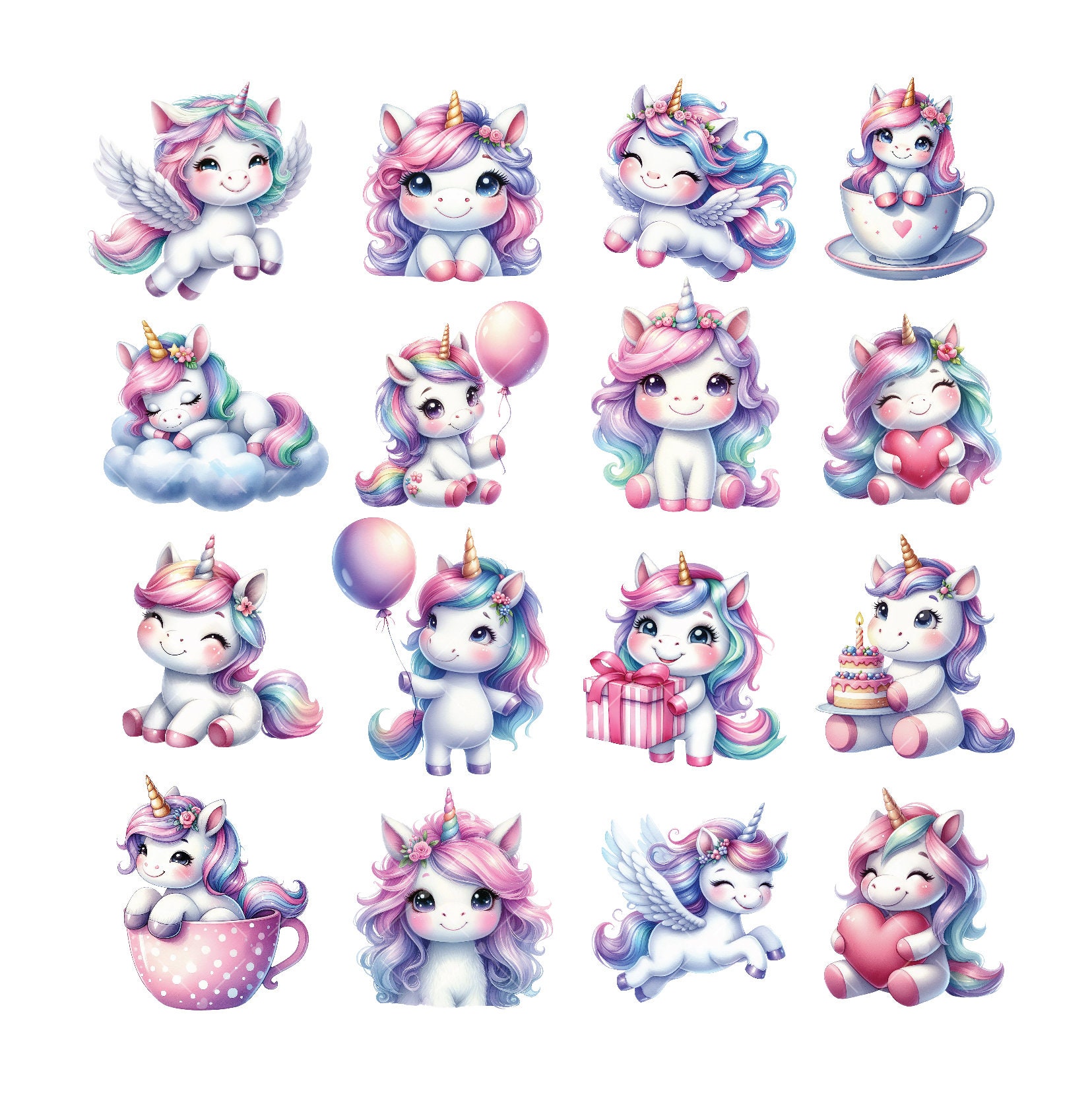 Adorable Little Unicorn Clipart, Watercolor Unicorn Illustration ...