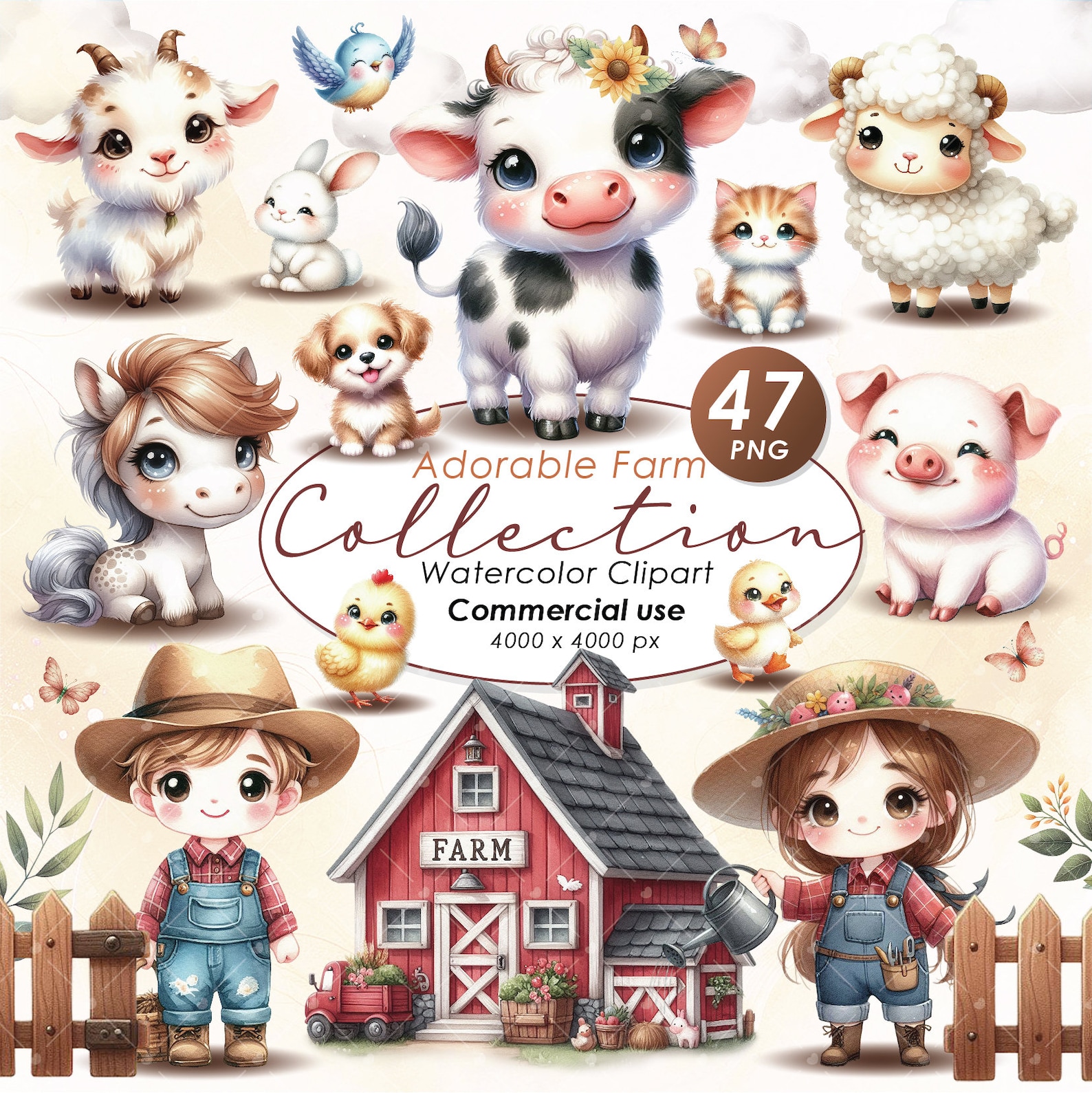 Adorable Little Farm Animals Clipart, Watercolor Farm Animals ...