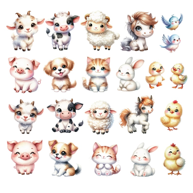 Adorable Little Farm Animals Clipart, Watercolor Farm Animals ...