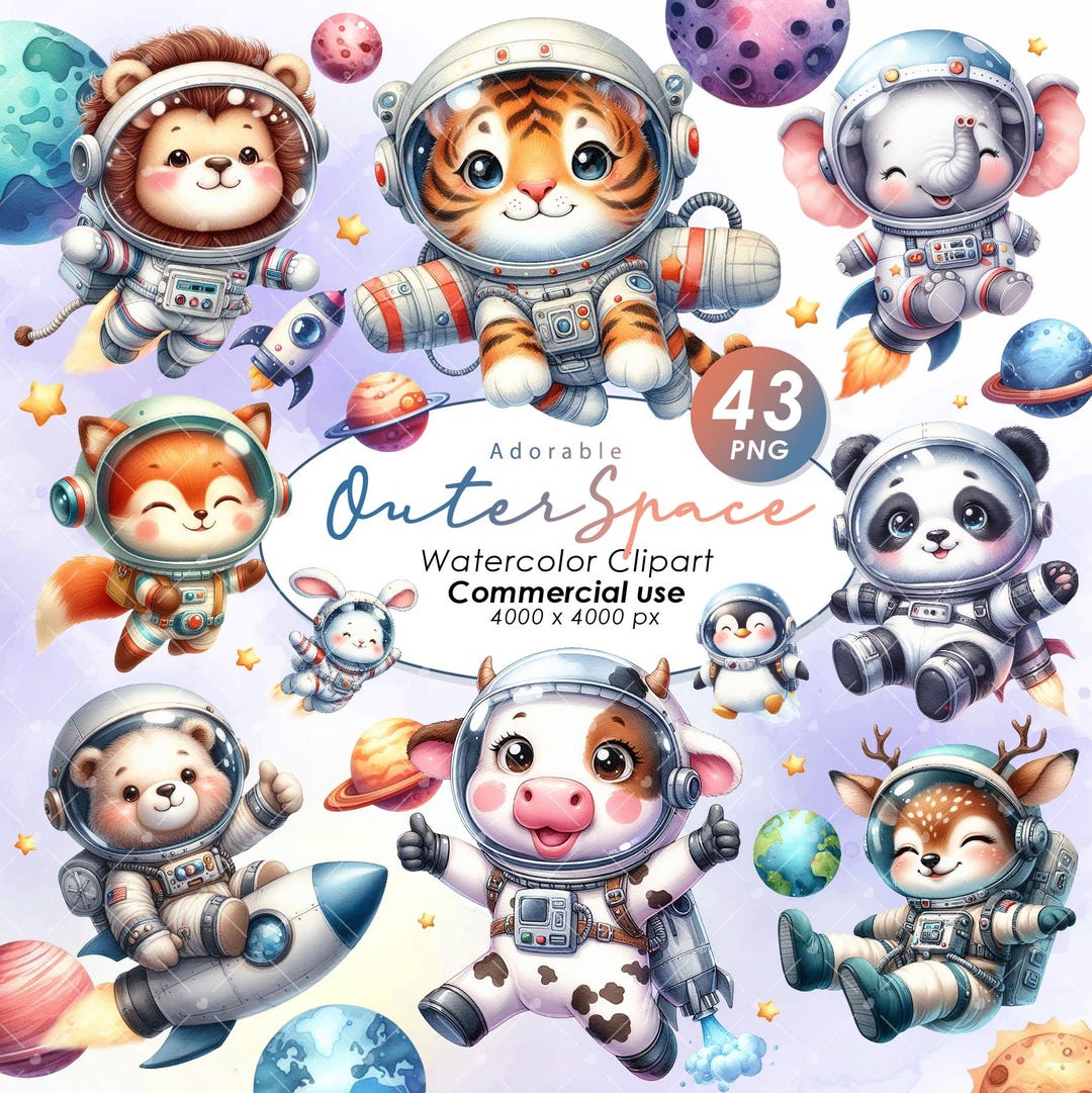 Adorable Outer Space Clipart, Watercolor Cute Outer Space Illustration ...
