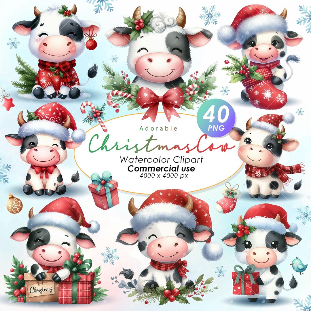 Adorable Cows Christmas Clipart, Watercolor Cows Christmas Illustration ...