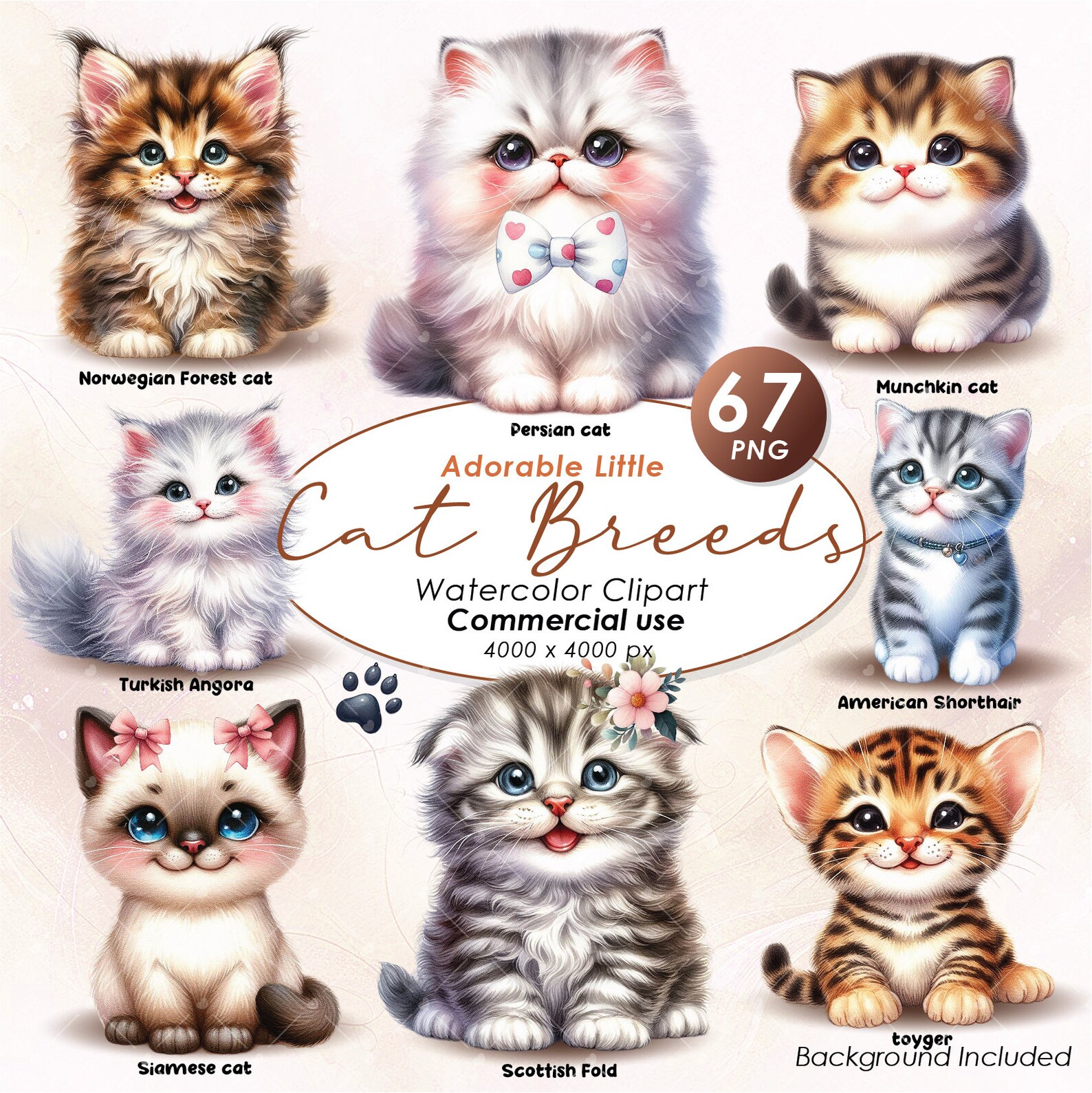 Adorable Cat Breeds Clipart, Watercolor Cat Breeds Illustration Clipart ...