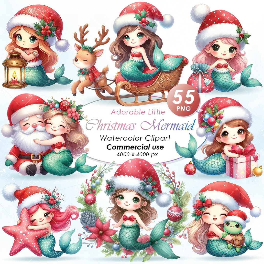 Adorable Mermaid Christmas Clipart, Watercolor Mermaid Christmas ...