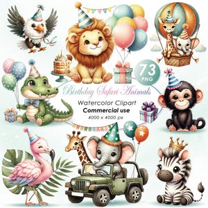 Adorable Birthday Safari Animal Clipart, Watercolor Birthday Safari ...