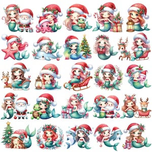 Adorable Mermaid Christmas Clipart, Watercolor Mermaid Christmas ...