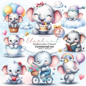 Adorable Elephant Clipart, Watercolor Cute Elephant Illustration ...