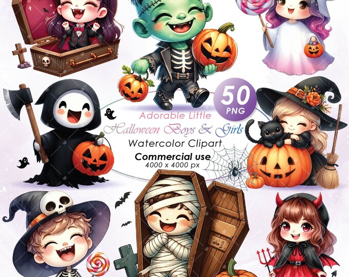 Adorable Monster Halloween Party Clipart, Watercolor Monster Halloween ...