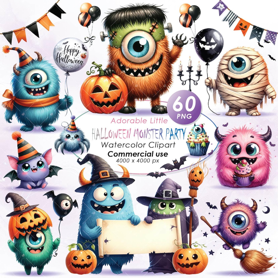 Adorable Monster Halloween Party Clipart, Watercolor Monster Halloween ...