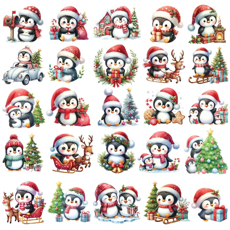 Adorable Penguin Christmas Clipart, Watercolor Penguin Christmas ...