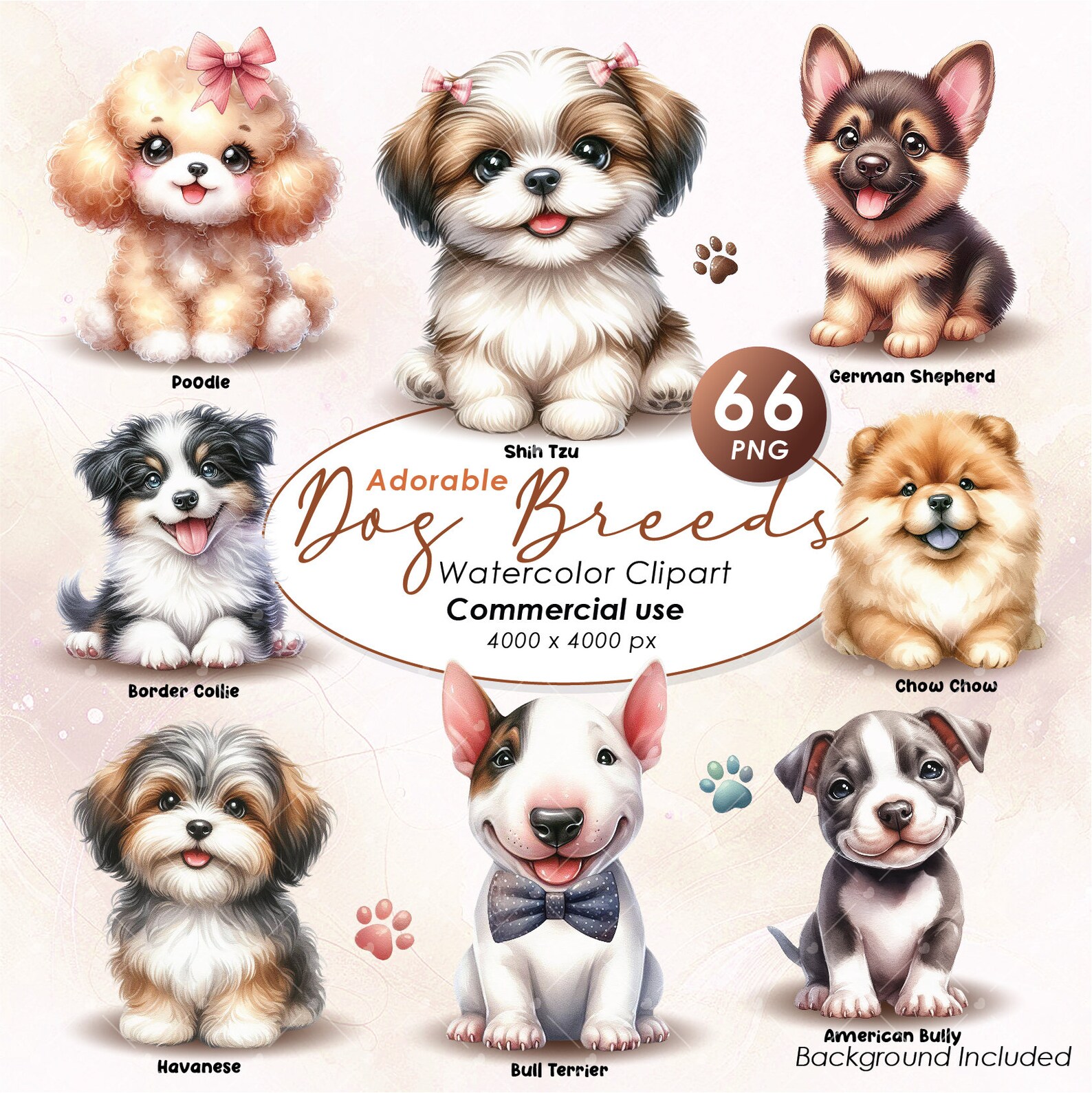 Adorable Dog Breeds Clipart, Watercolor Dog Breeds Illustration Clipart ...