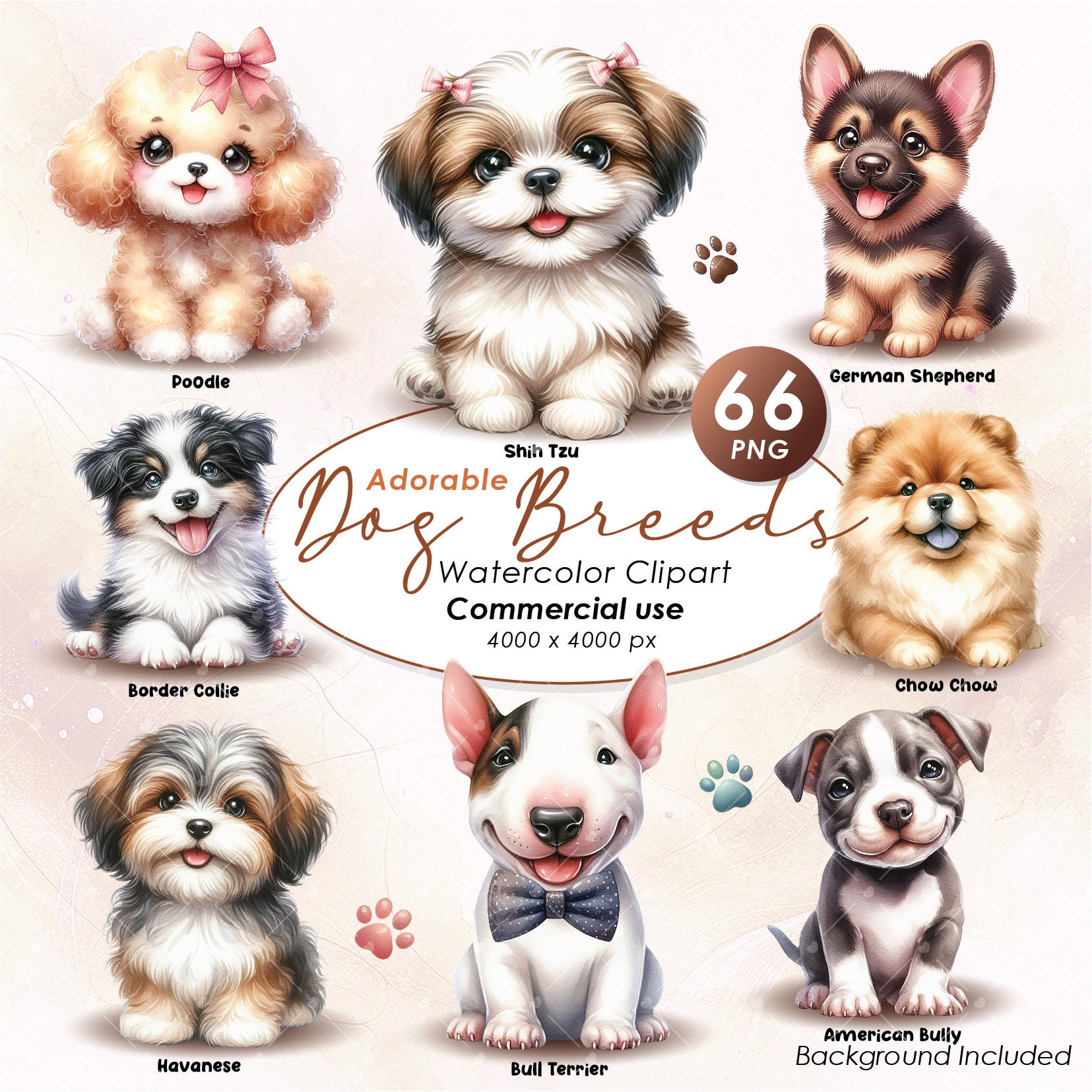 Adorable Dog Breeds Clipart, Watercolor Dog Breeds Illustration Clipart ...