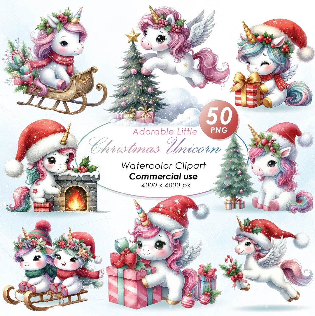 Adorable Unicorn Christmas Clipart, Watercolor Unicorn Christmas ...