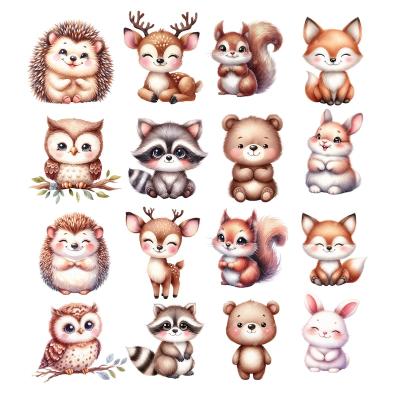 Adorable Little Woodland Animals Clipart, Watercolor Woodland Animals ...