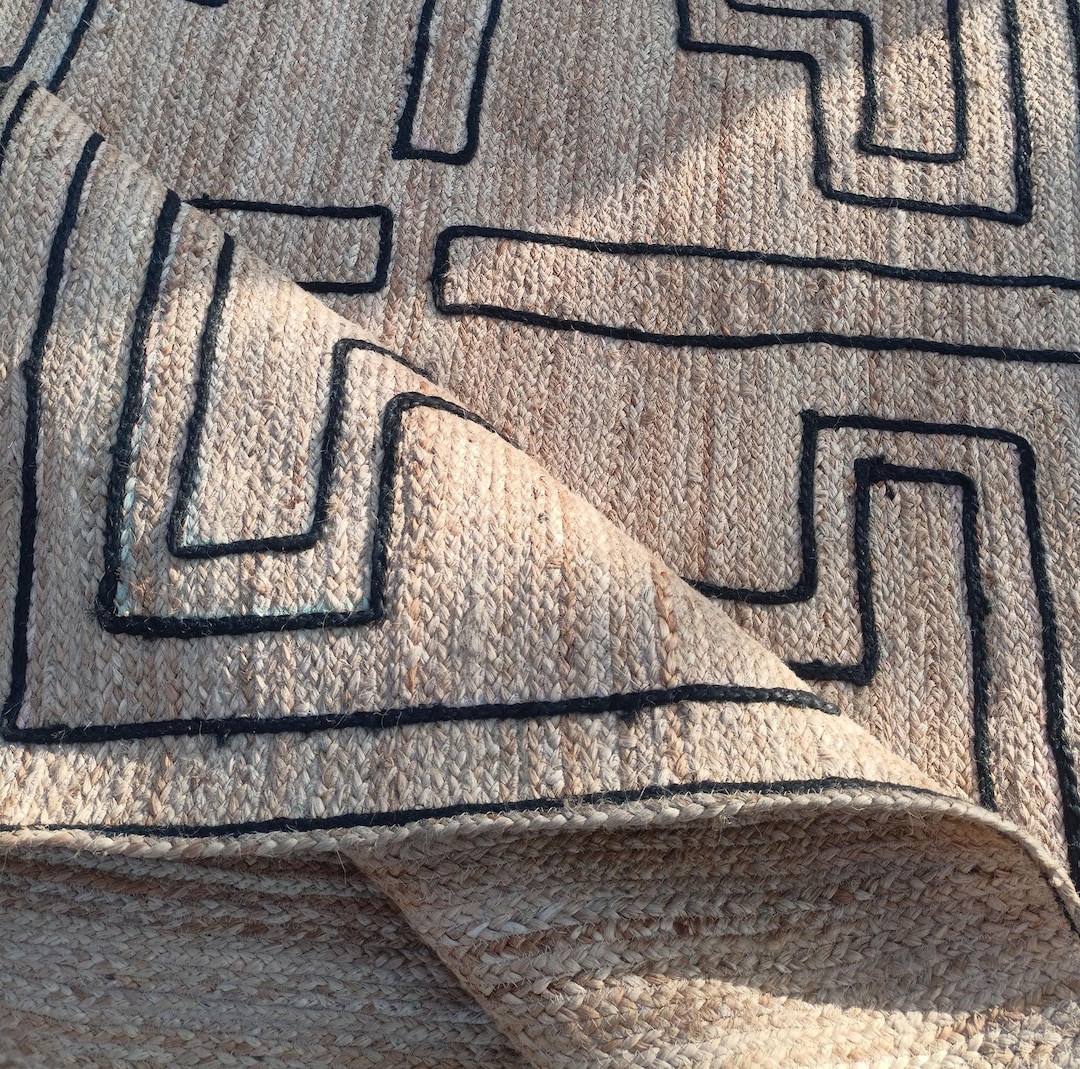 Hand Woven Natural Jute Rug Beige Black Area Rug for Study Garden Décor ...
