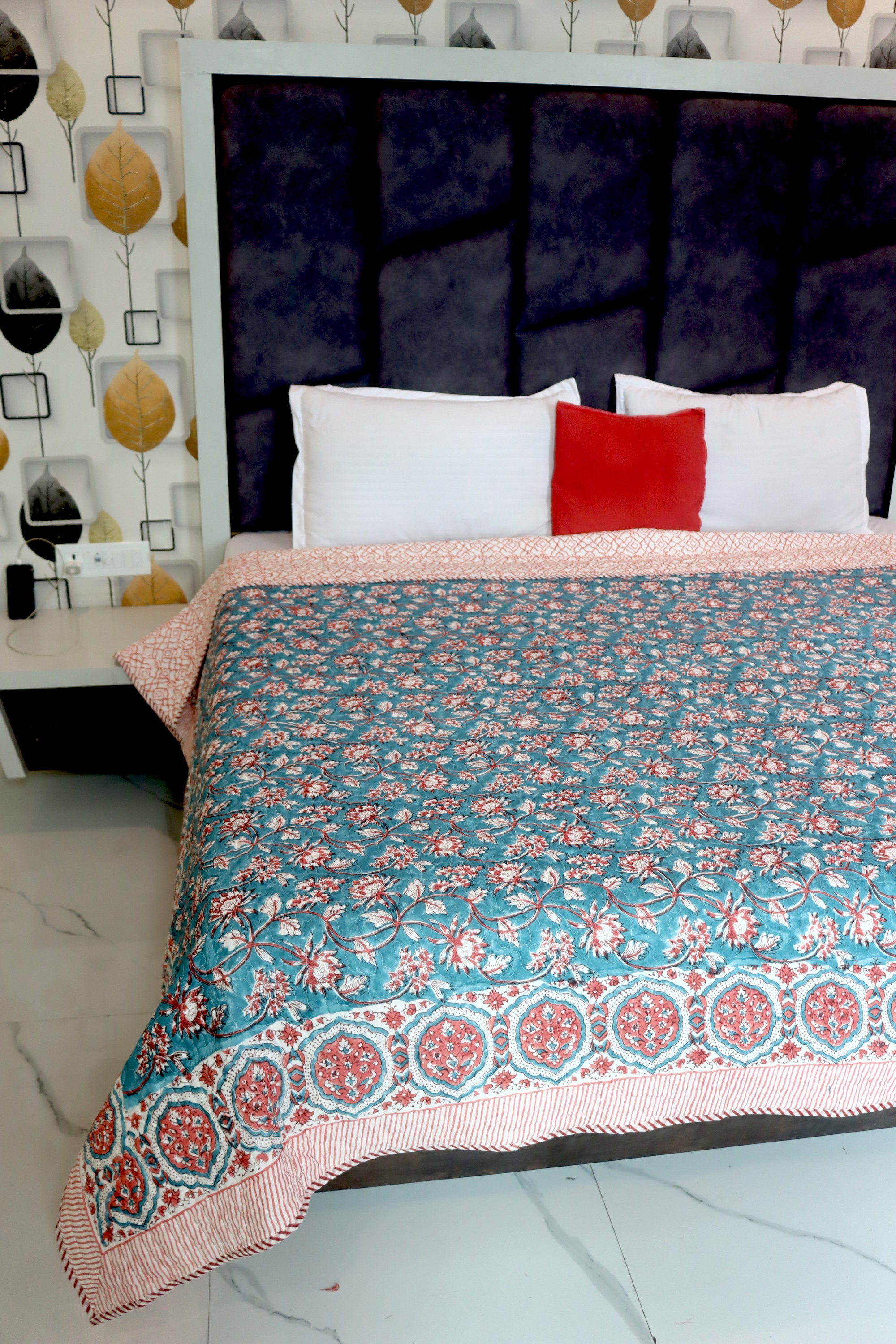 Indian Cotton Handmade Quilted Razai, Floral Hand Block Print Winter ...