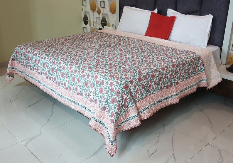 Floral Block Print Winter Warm Razai Quilt, Jaipuri Cotton Handmade ...