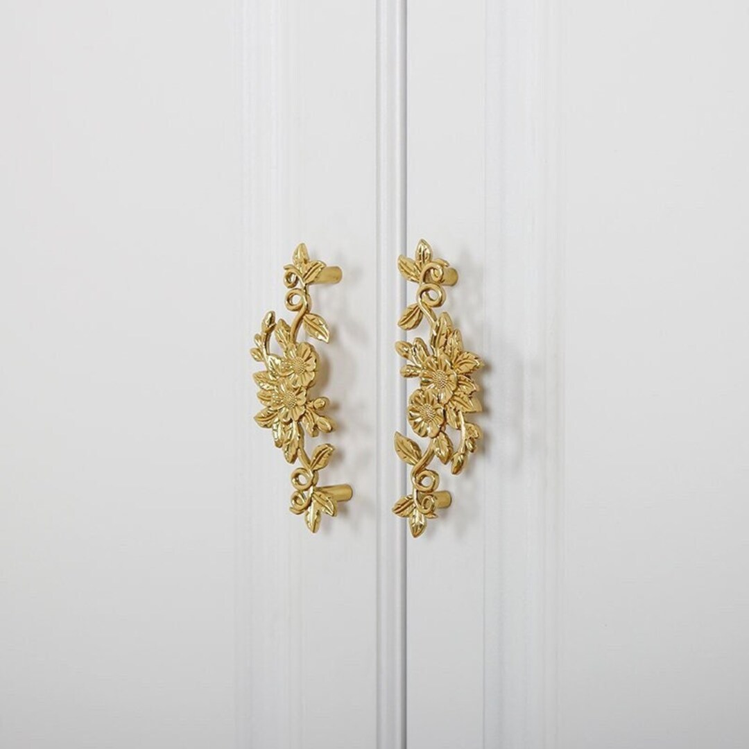 Brass Floral Cabinet Pulls Handles, Gold Flower Drawer Handles Knobs ...