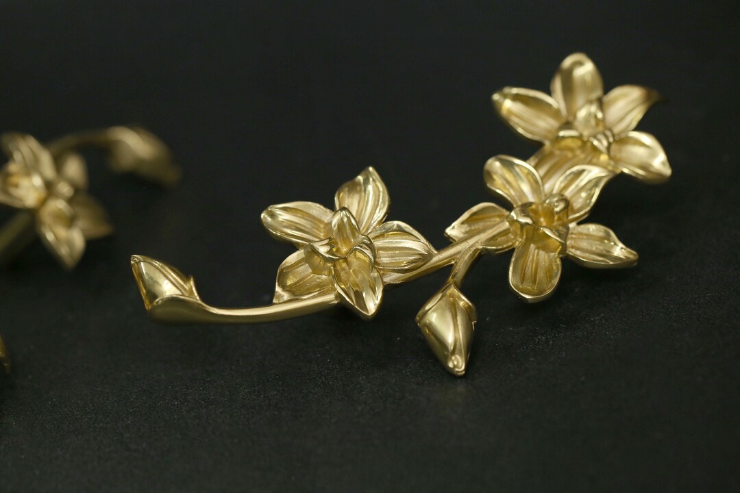 Solid Brass Flower Cabinet Handles Pull Gold Door Kitchen - Etsy
