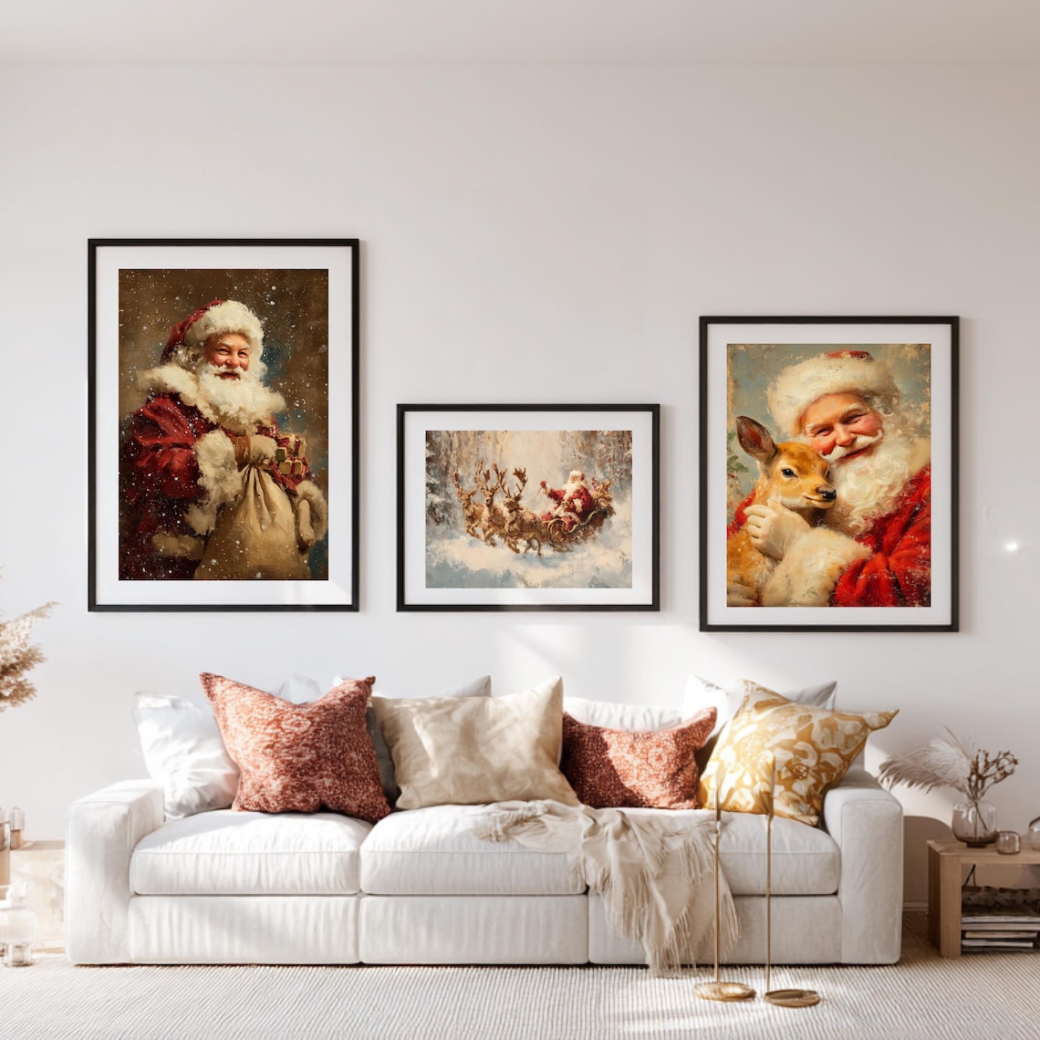 Christmas Wall Decor Santa Print Set, Vintage Oil Artwork, Rustic ...