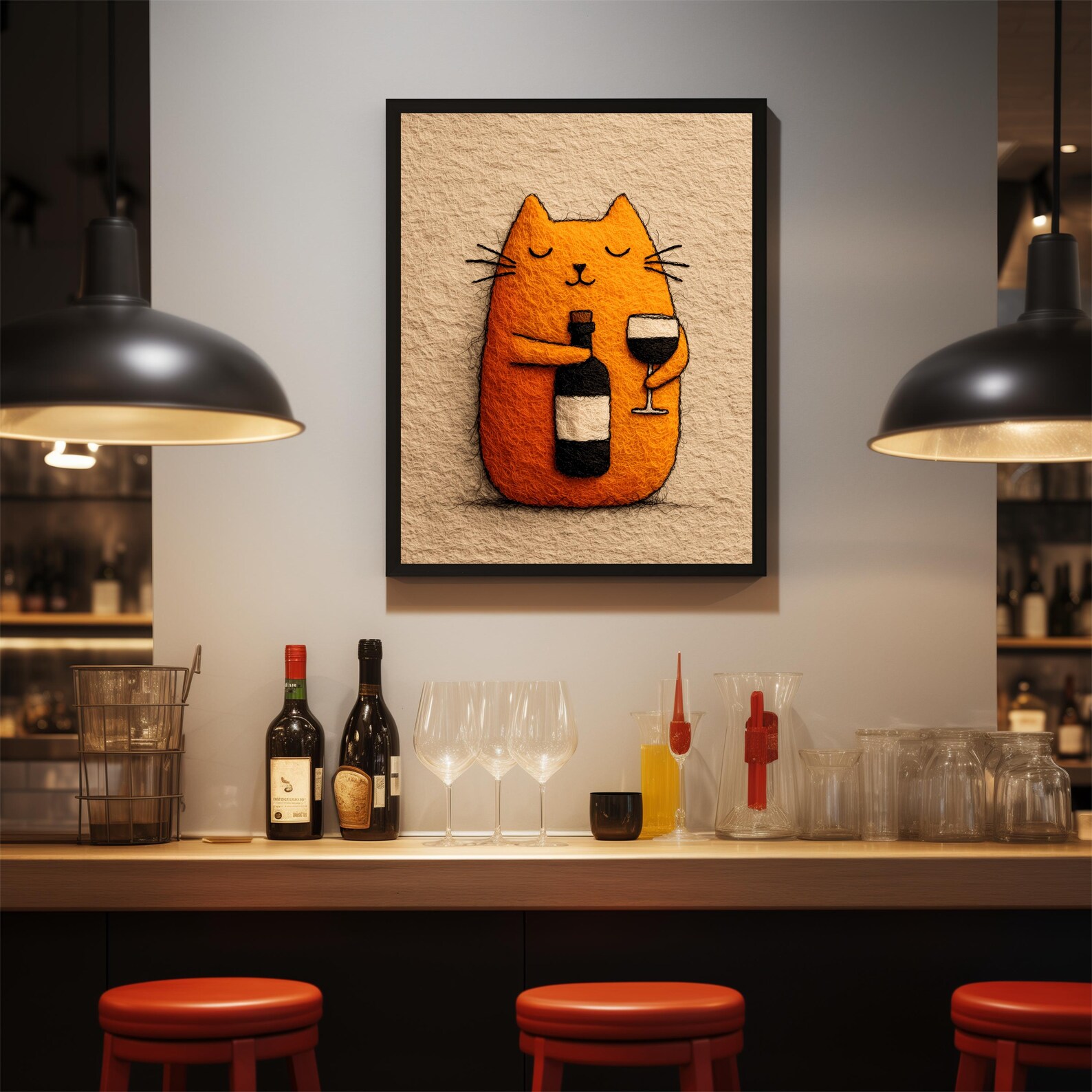 Funny Cat Wall Art, Orange Felt-style Drinking Cat With Wine Print ...