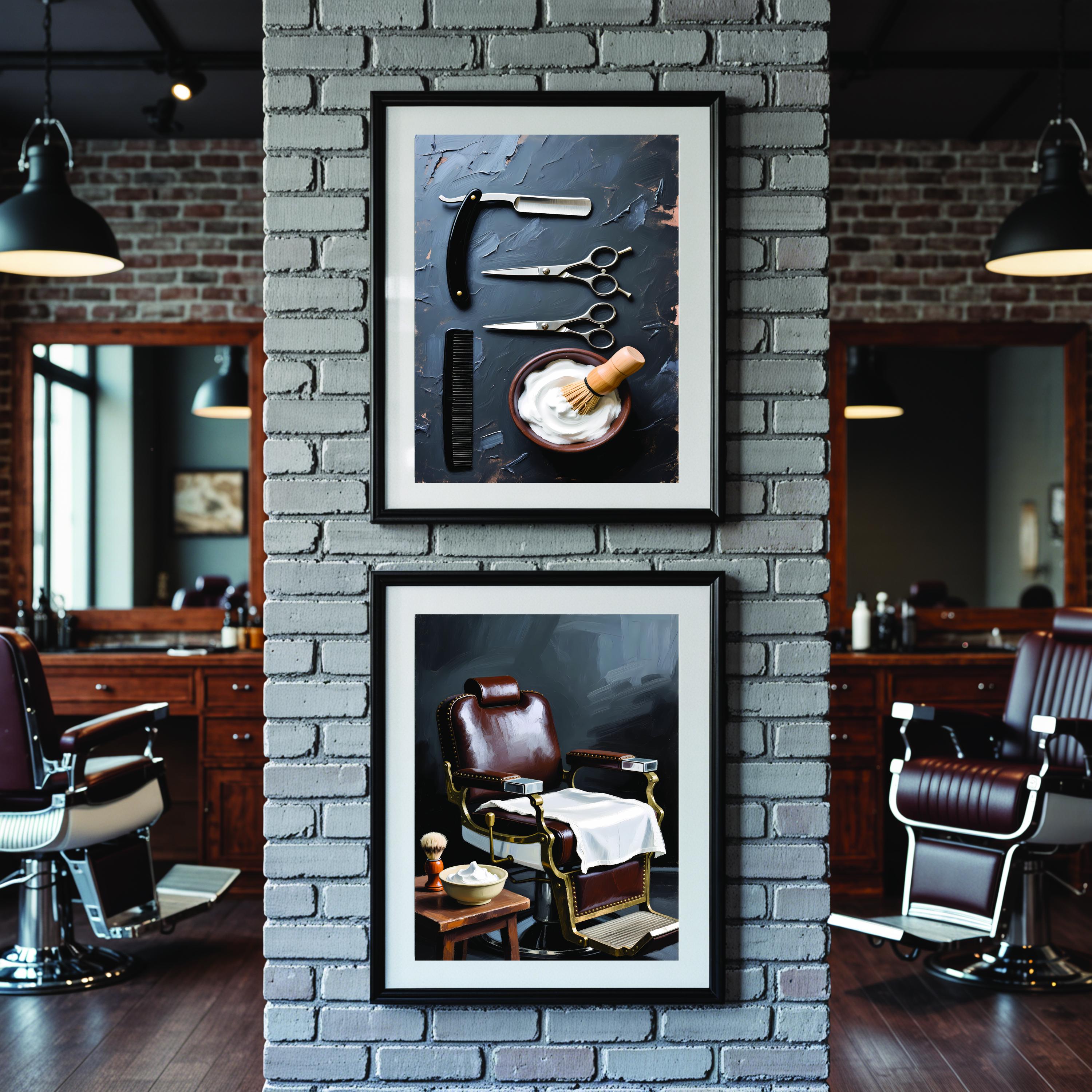 Hairdresser Art Wall Set of 2 | Vintage Barber Chair and Shaving Tools ...