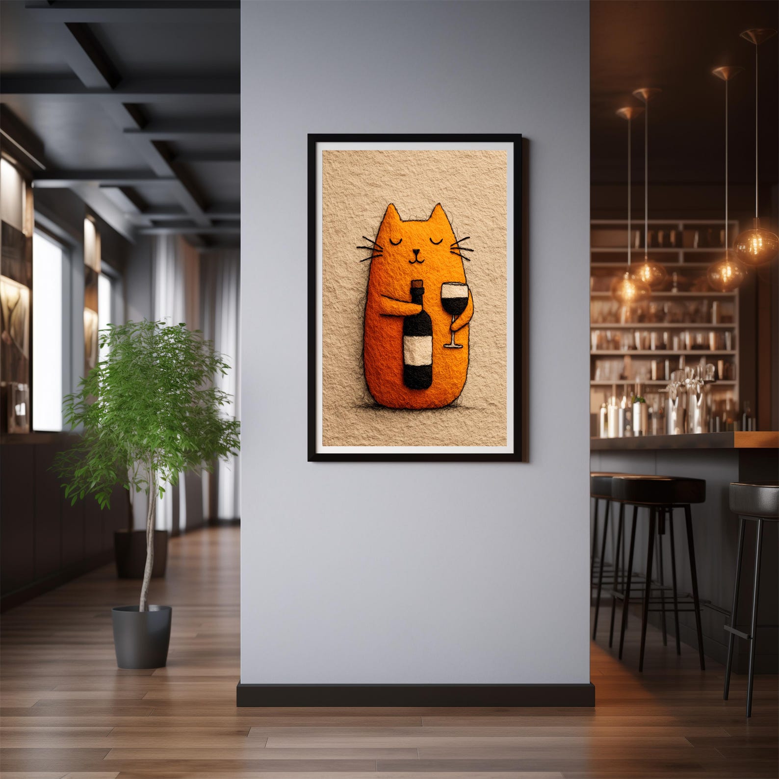 Funny Cat Wall Art, Orange Felt-style Drinking Cat With Wine Print ...