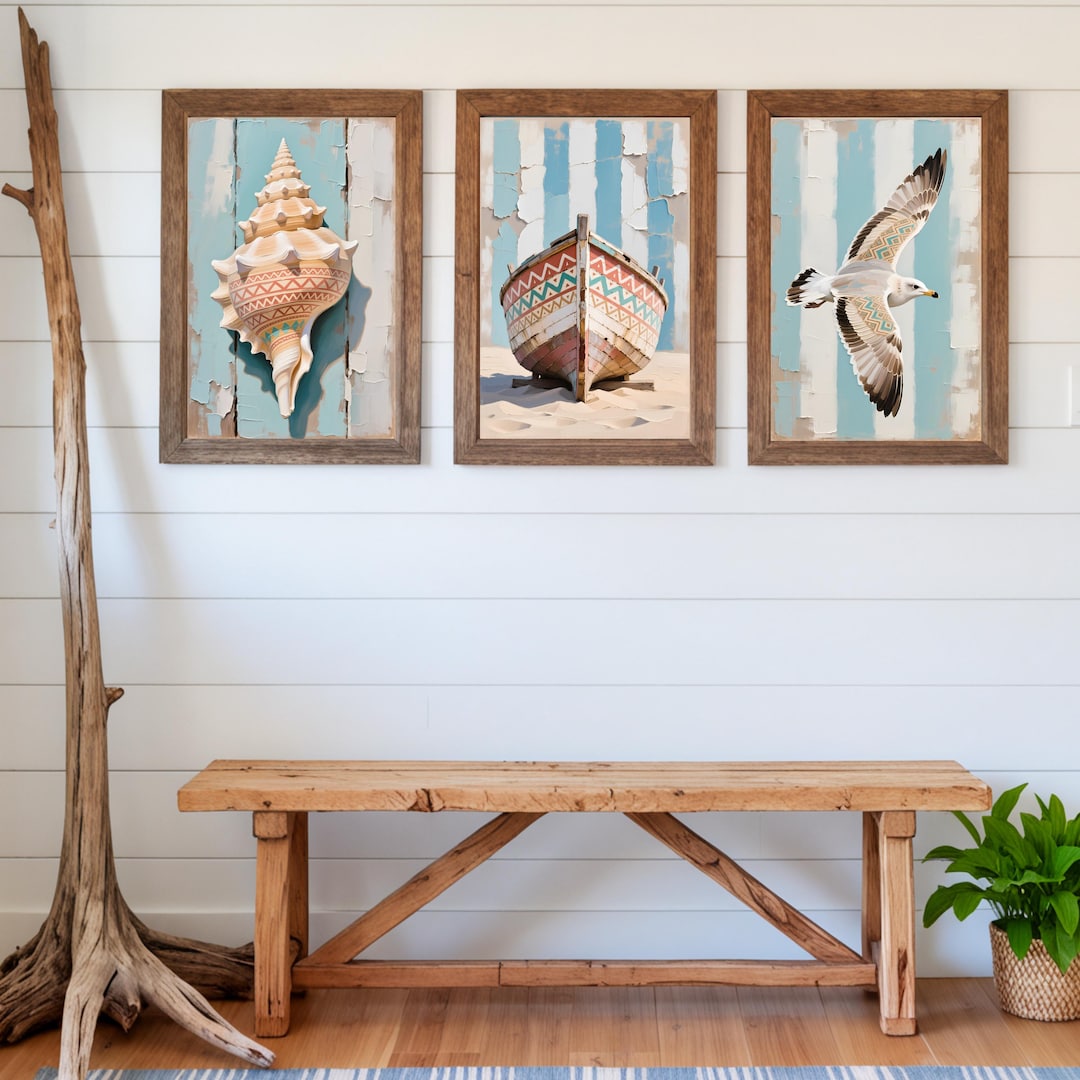 Coastal Wall Art Set of 3: Seashell, Boat, Seagull Prints (digital ...