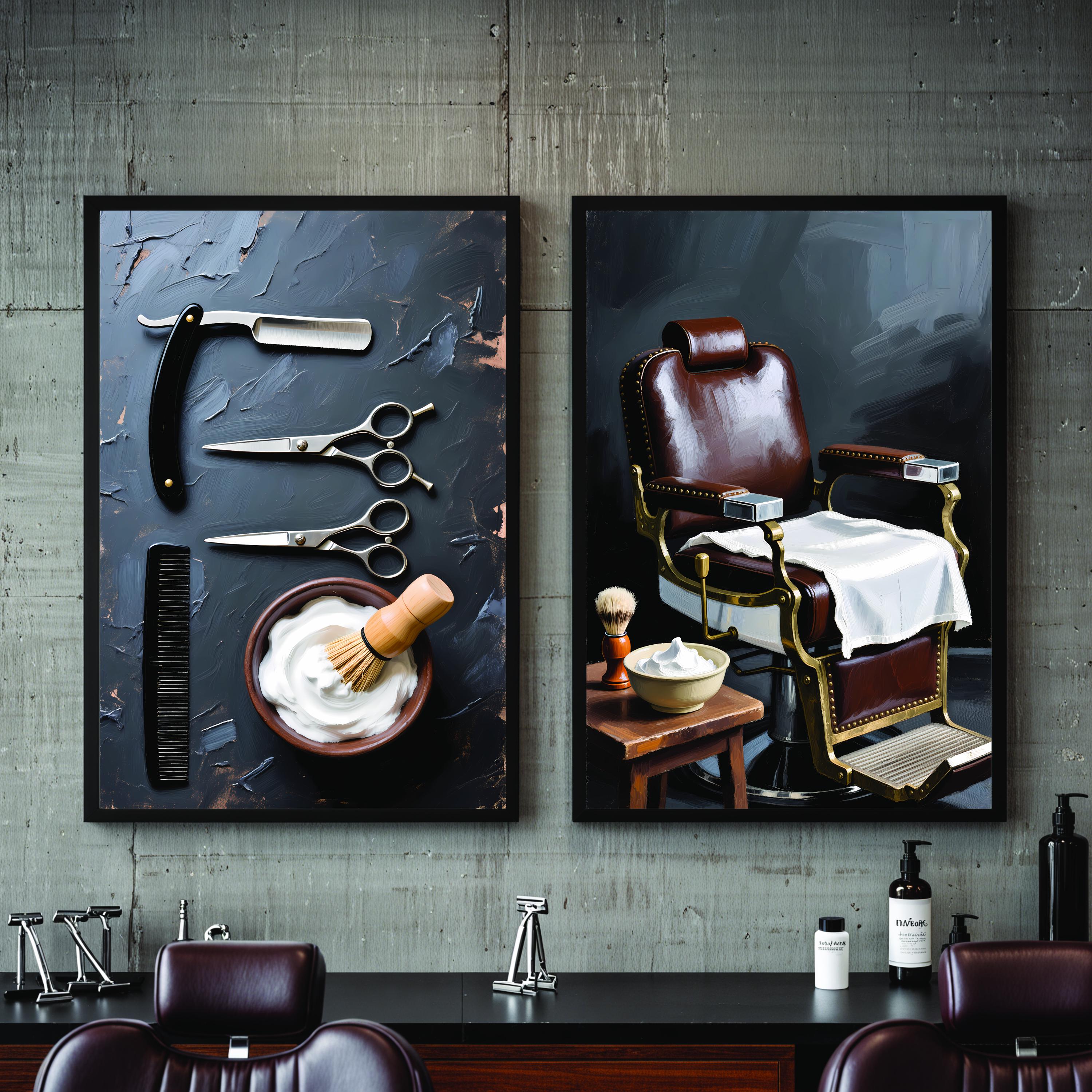 Hairdresser Art Wall Set of 2 | Vintage Barber Chair and Shaving Tools ...